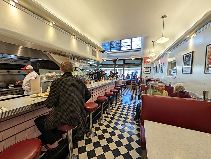 Classic black and white checkerboard floors, red vinyl booths, and counter seating&mdash;this isn't retro by design, it's authentic by survival.