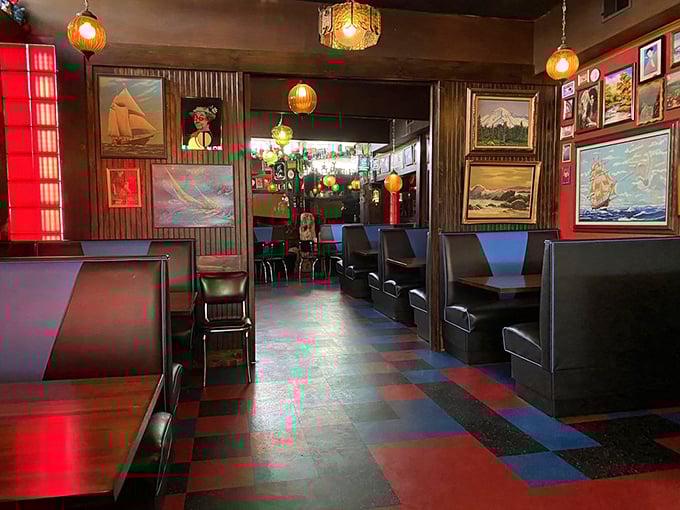 Step inside and time-travel to a cozy den of nautical art, warm lighting, and checkered floors. The calm before the spice storm.