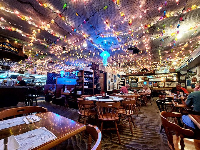 Christmas never ends under this magical ceiling of twinkling lights, creating the perfect atmosphere for seafood indulgence.