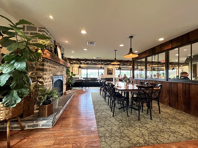 Where stone meets wood meets warmth. The restaurant's interior marries rustic Pennsylvania charm with cozy elegance around that magnificent fireplace.