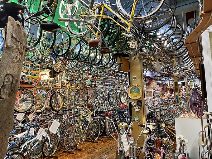 Bikes upon bikes upon bikes! The interior of Bicycle Heaven redefines "floor-to-ceiling inventory" with its mesmerizing display of cycling history.