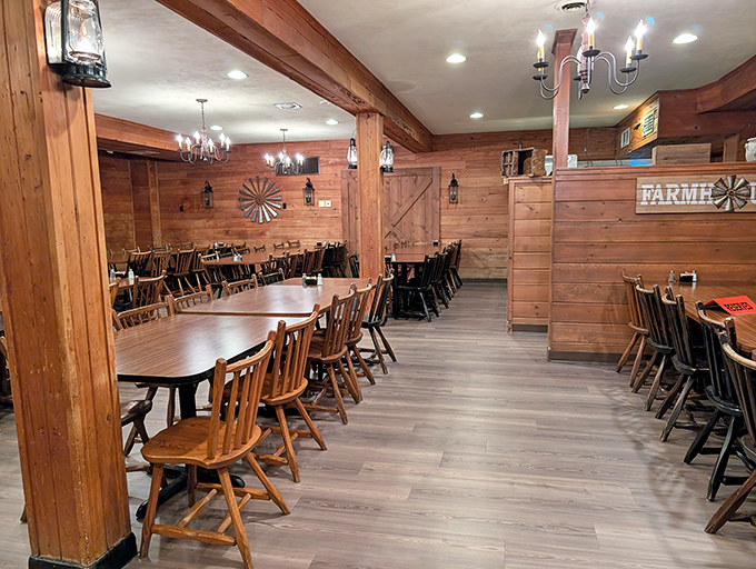 Inside, wooden beams and farmhouse touches create the perfect backdrop for the impending meat sweats you'll happily endure for barbecue this good.