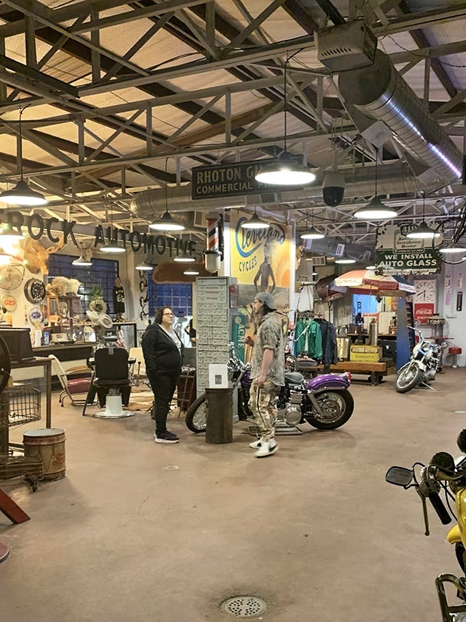 Industrial chic meets treasure hunter's paradise where vintage motorcycles share space with antique signs under exposed beams that have witnessed countless "I can't believe I found this!" moments.