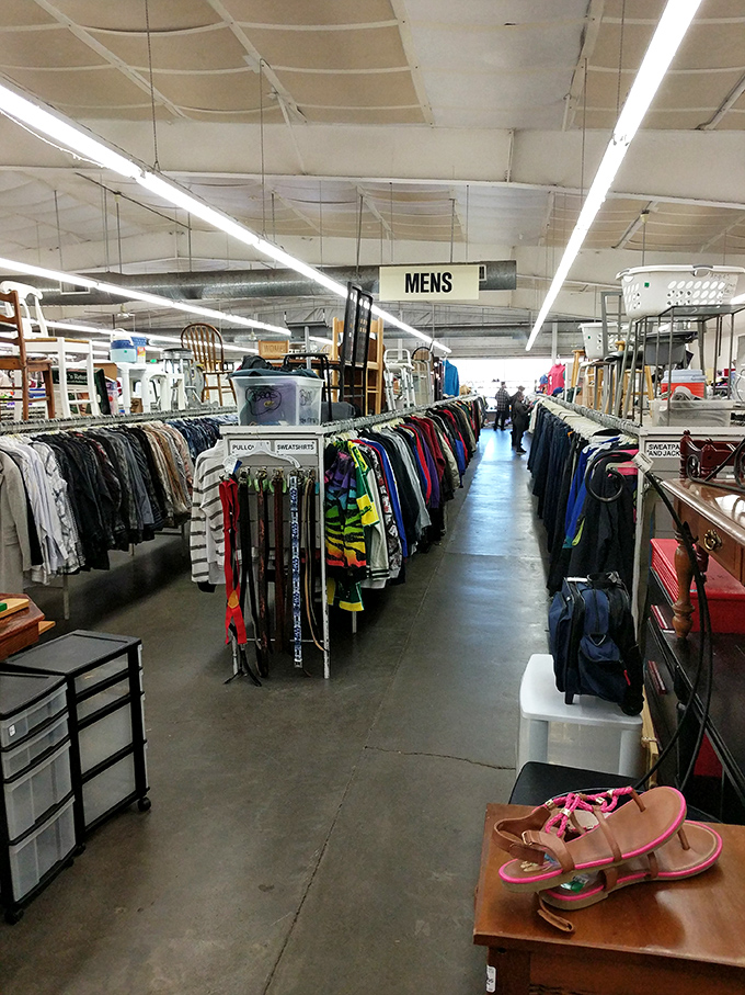 Racks upon racks of possibility. The men's section stretches into the distance like a fashion runway for the budget-conscious explorer.