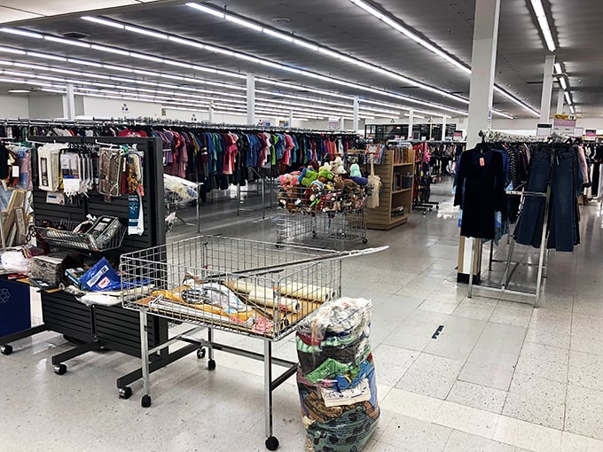 Endless racks stretch toward the horizon in this thrifter's paradise. The fluorescent lighting illuminates possibilities rather than just merchandise.