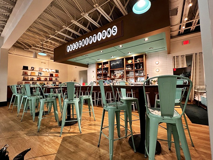 The "PRESCRIPTIONS" sign above the bar isn't lying&mdash;these mint-green chairs and warm wooden floors are exactly what the doctor ordered for breakfast blues.