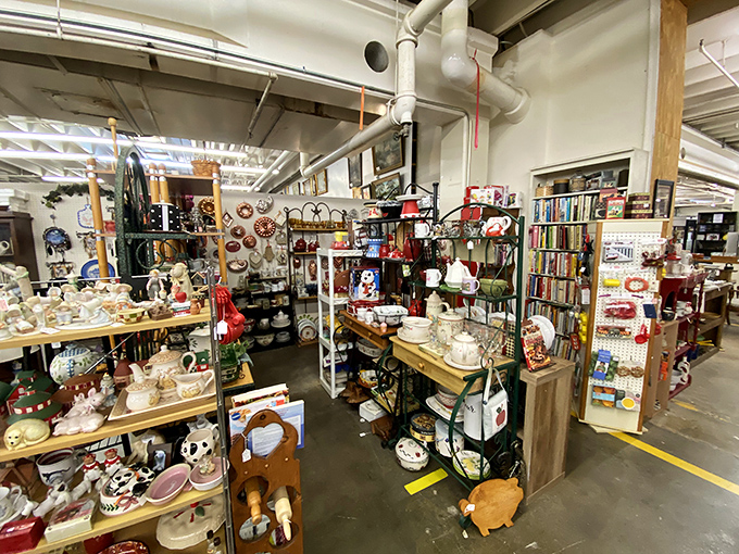 Organized chaos at its finest. Each booth creates its own universe of collectibles, where ceramic figurines and vintage books coexist in delightful disarray.