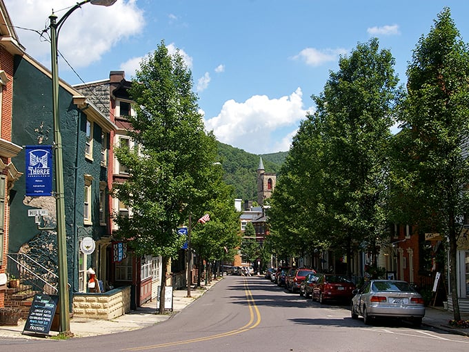 Main Street stretches toward the mountains like a postcard come to life. Those trees aren't just green—they're showing off.