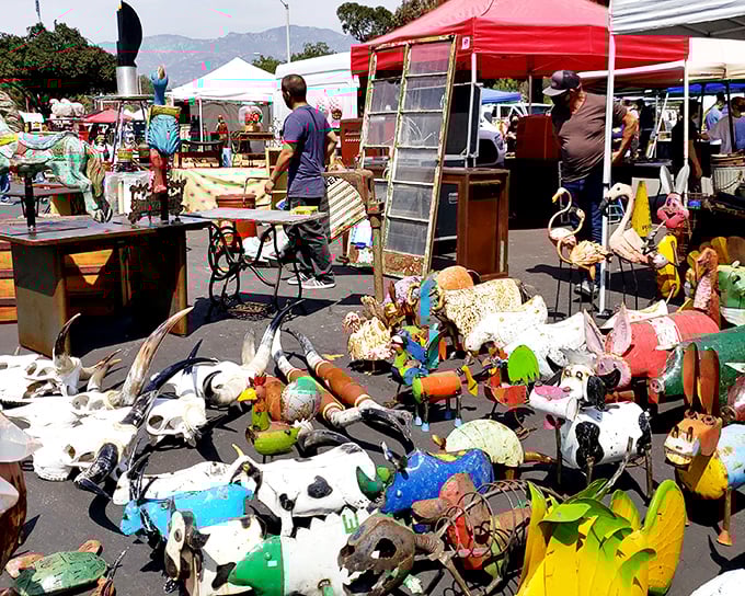 Where one person's castoffs become another's conversation pieces. Metal animal sculptures await their forever homes.