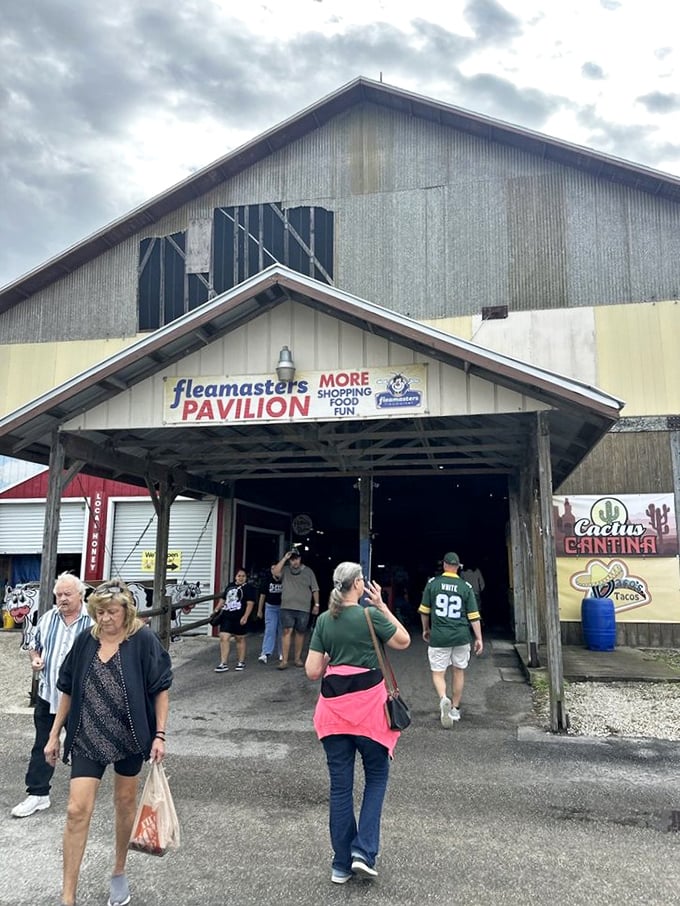 The Pavilion entrance welcomes shoppers with promises of "More Shopping, Food & Fun"&mdash;the retail equivalent of "Once upon a time..."