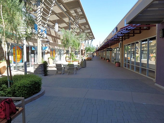 Shaded walkways and desert landscaping create a shopping sanctuary where your wallet can cool off between splurges.