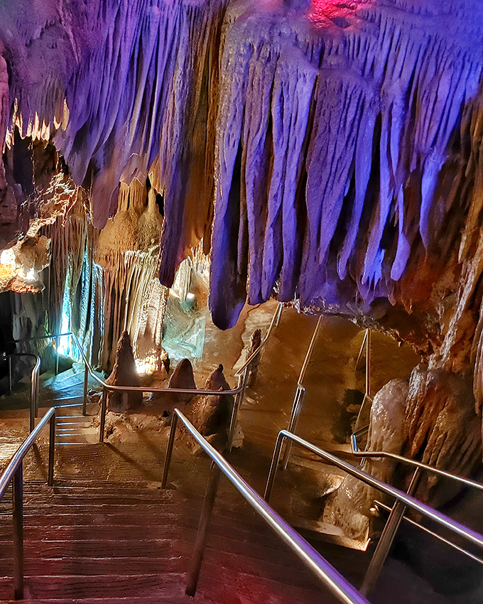 Purple-hued stalactites hang like nature's wind chimes, silent for centuries until a tour guide taps one gently. The stairway to wonder requires comfortable shoes.