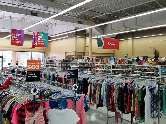 A rainbow of possibilities awaits in the clothing section, where color-coded racks make finding that perfect shirt a breeze.