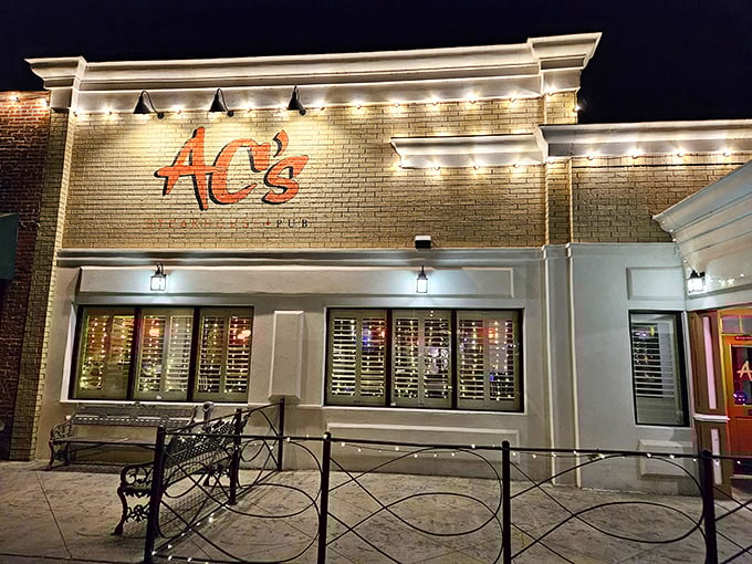 Elegant lighting showcases AC's sophisticated brick exterior &ndash; like a tuxedo for a building that knows how to dress for dinner.