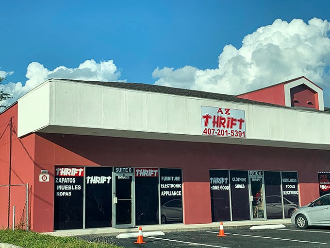 AZ Thrift's bold pink exterior stands out like a flamingo in a flock of seagulls.
