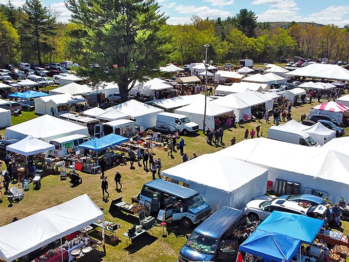 Brimfield from above&mdash;a patchwork quilt of white tents where thousands gather for America's antique Super Bowl.