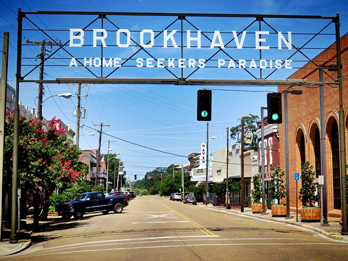 "A Home Seekers Paradise" indeed! Brookhaven's welcoming arch promises Southern hospitality before you've even parked the car.