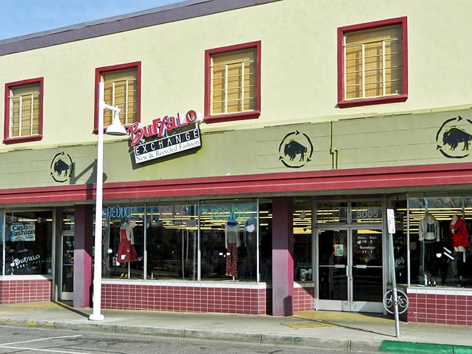 Buffalo Exchange's distinctive storefront promises the thrill of the hunt with its bold red trim and iconic buffalo silhouettes.