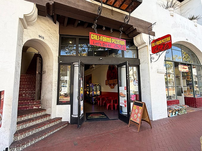 Spanish-style charm meets "Let's Do It" attitude. California Pizzeria's entrance promises simple pleasures done extraordinarily well.