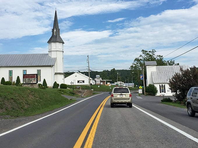 In Capon Bridge, that white church steeple isn't just architecture&mdash;it's the town's unofficial compass and gathering spot for generations.