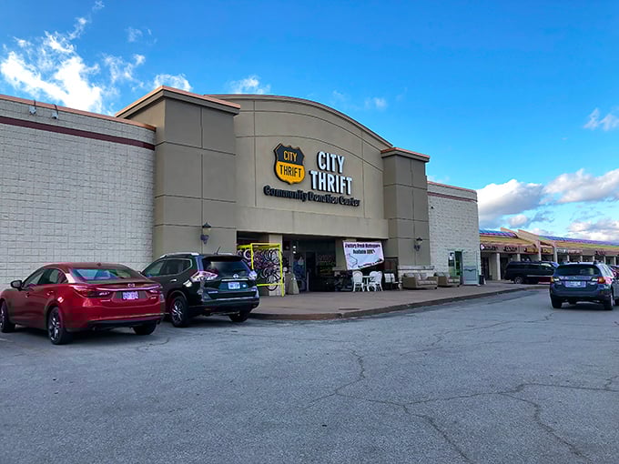 City Thrift's curved facade promises adventure within&mdash;like Indiana Jones for the bargain-hunting set.