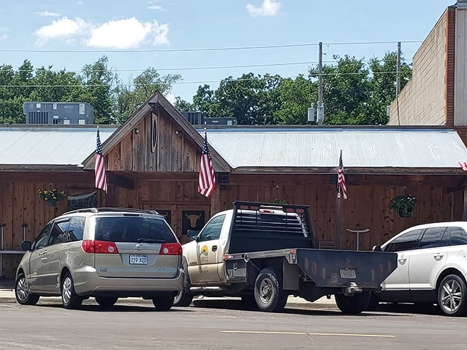 Rustic charm meets serious steak business. This wooden facade with American flags promises the kind of authentic experience you can't franchise.