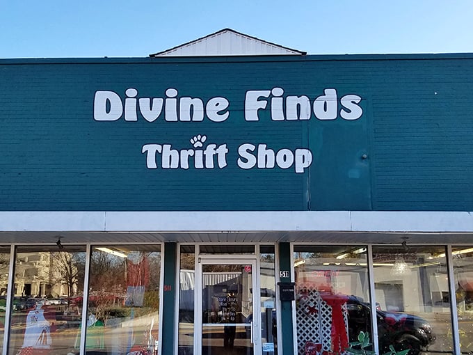 Divine Finds' turquoise facade stands out like a peacock at a pigeon convention. This thrift shop means business!