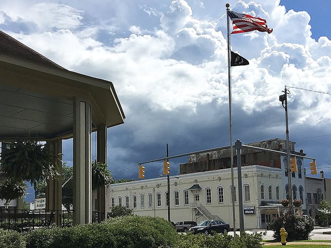 Eufaula's historic district stands proudly under Alabama skies, where American flags wave and history breathes. Southern charm personified!