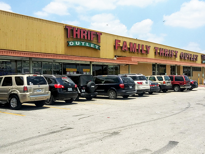 Family Thrift Center (Houston): "The yellow sign promises treasure, but the packed parking lot tells you locals already know the secret."