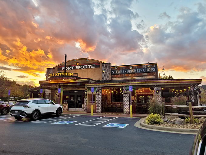 When sunset hits Fort Worth's brick facade just right, you know the steaks inside are getting the same golden treatment.