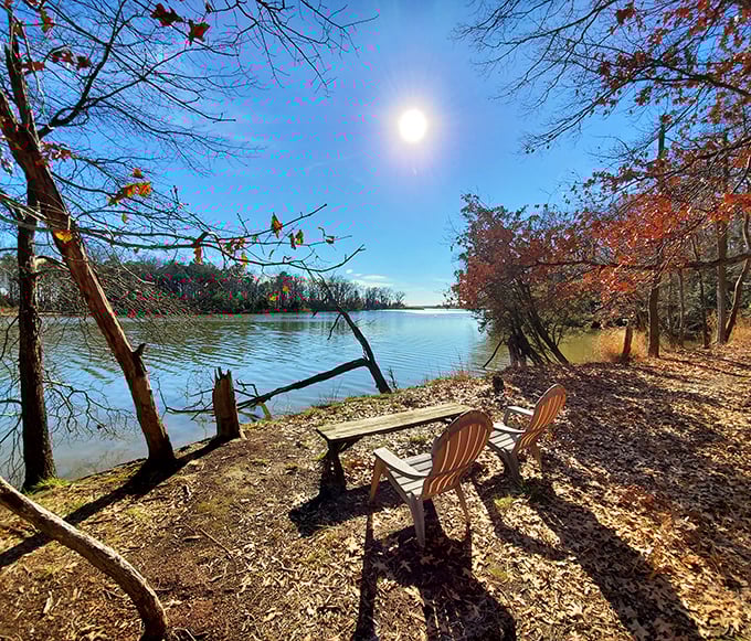 Autumn's paintbrush at work! Franklin Point's lakeside chairs invite contemplation as fall colors dance on the water.