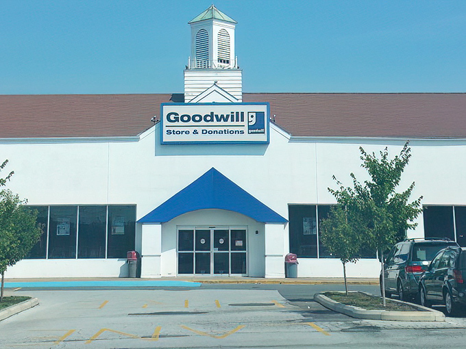 Goodwill's distinctive blue and white exterior promises the thrill of the hunt. It's like an archaeological dig, but with better lighting.