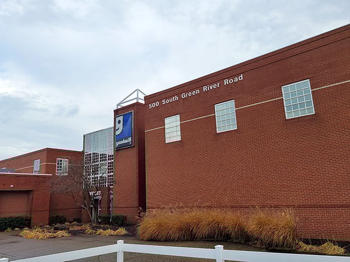 Evansville's brick fortress of frugality stands ready to welcome bargain seekers with its impressive glass-block entrance.