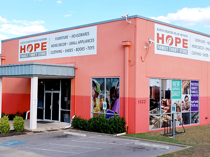 HOPE Family Thrift Store's coral-colored building is like a beacon for bargain hunters. Impossible to miss, impossible to resist!