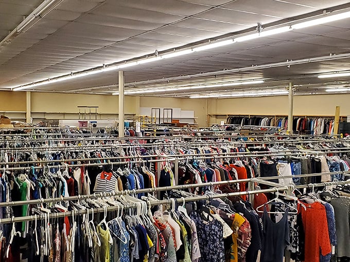 Helping Hands Thrift Store welcomes shoppers with a colorful traffic light display. Red means stop&hellip; and shop awhile!