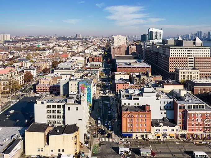 A bird's eye view of bustling streets and historic buildings with Manhattan's skyline playing peekaboo in the distance.