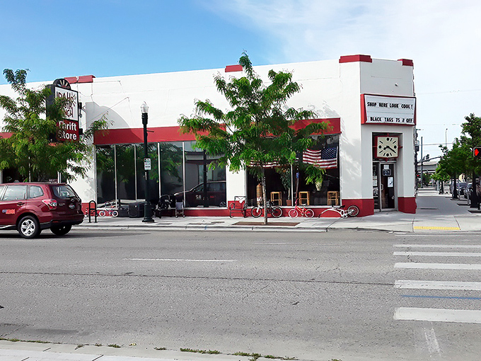 Idaho Youth Ranch's classic red-trimmed storefront stands ready for treasure hunters. It's like a portal to bargain dimension!