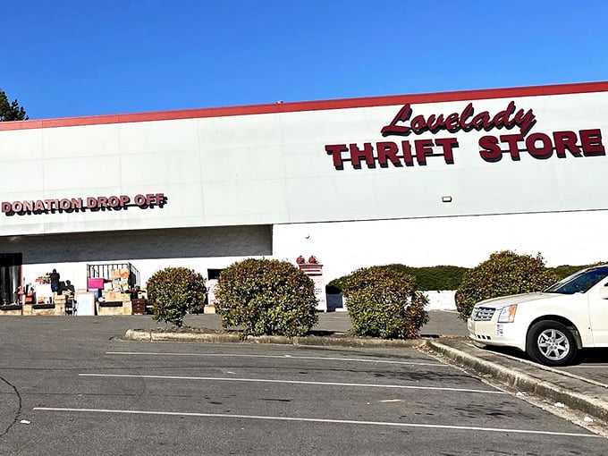 Bold red letters announce a thrifter's playground. Lovelady's donation drop-off hints at the fresh treasures arriving daily.