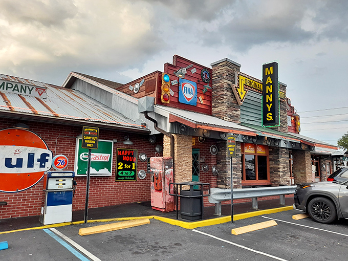 Vintage gas station signs and neon lights announce: "Your cholesterol may rise, but your spirits definitely will too!"