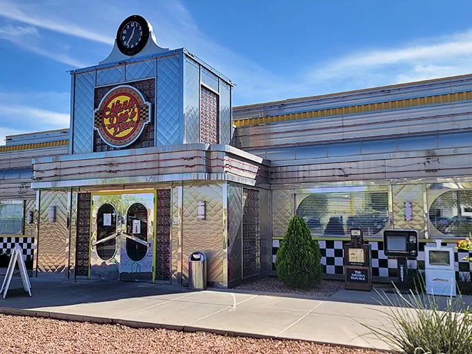 Nana Dee's glimmering silver facade houses pancakes so fluffy they need their own zip code—where happiness is served all day.