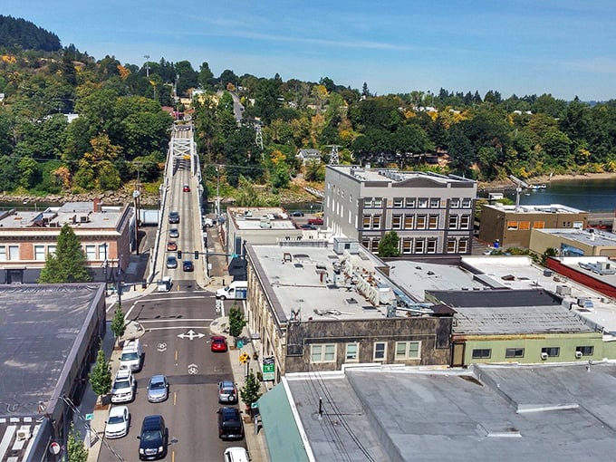 Oregon City's charming downtown seen from above, where history and affordability flow together like the nearby Willamette River.