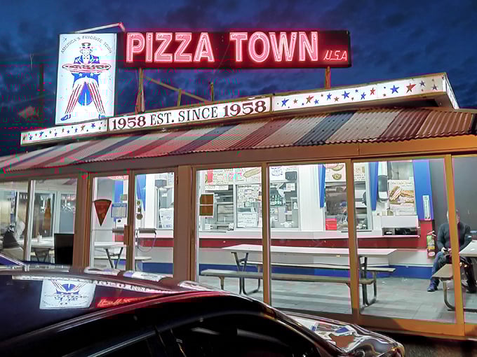 Pizza Town USA's neon sign has been lighting up Route 46 since 1958 &ndash; a patriotic pizza paradise frozen in time.