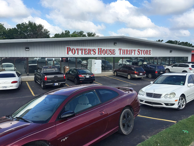 Potter's House proves thrift stores can be both spacious and inviting. That sign promises adventures in bargain hunting.