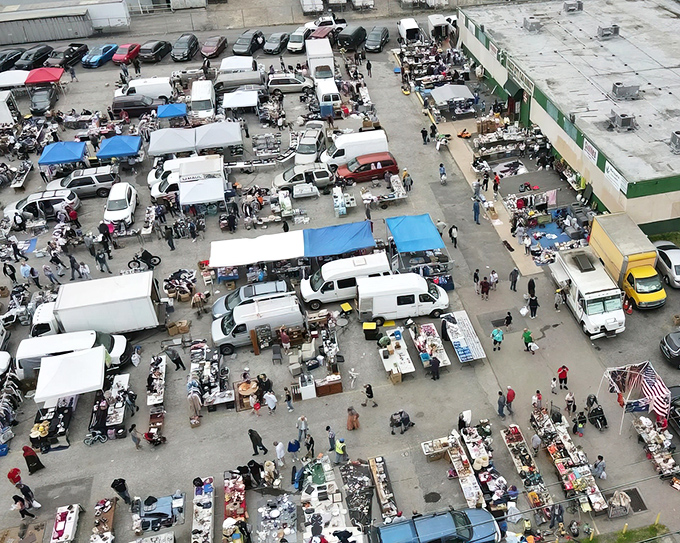 From above, Quaker City Flea Market resembles a giant game of Tetris, with vendors and vehicles creating a colorful puzzle.