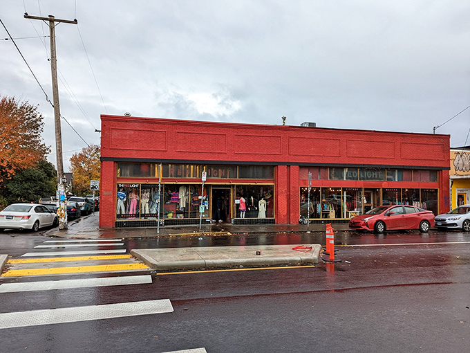 That bold red building isn't just eye-catching&mdash;it's a signal you've arrived at Portland's vintage fashion headquarters.