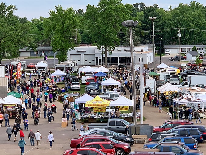 Flea market magic from above! Hundreds of vendors create a patchwork quilt of possibilities at Shawano's outdoor extravaganza.