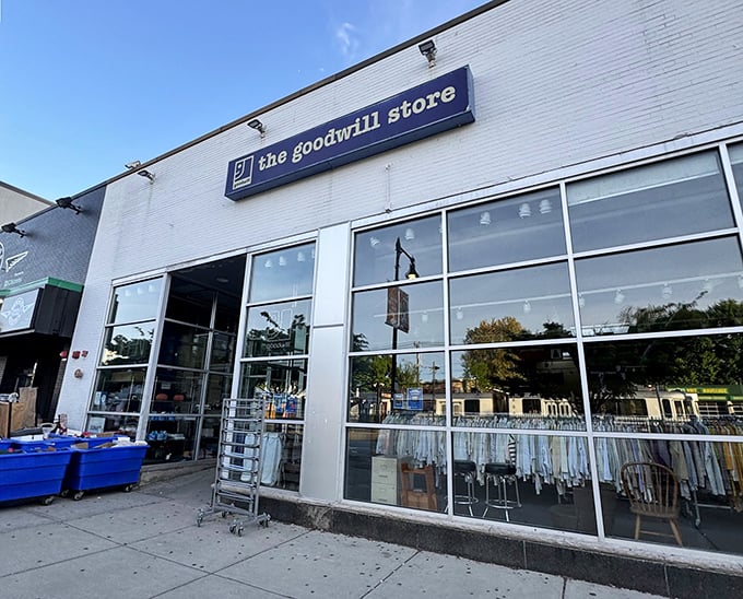 Goodwill's sleek white exterior hides a warehouse of possibilities &ndash; where your next conversation piece is waiting among the shelves.