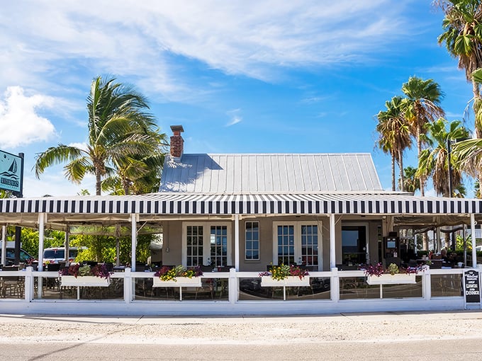 Island elegance personified! The Waterfront's classic black-and-white awnings frame a dining experience that's anything but ordinary.