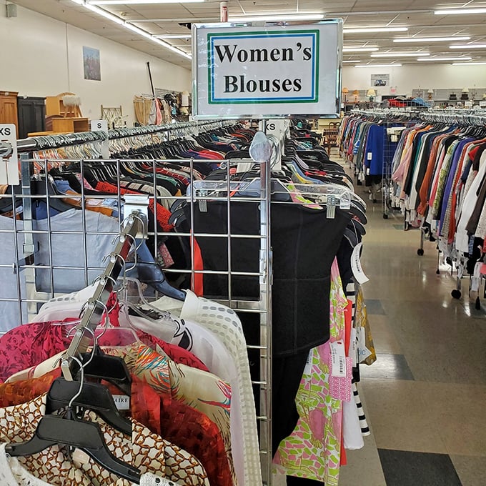 The bold red sign beckons bargain hunters like a lighthouse for the thrifty. Adventure awaits behind those glass doors!