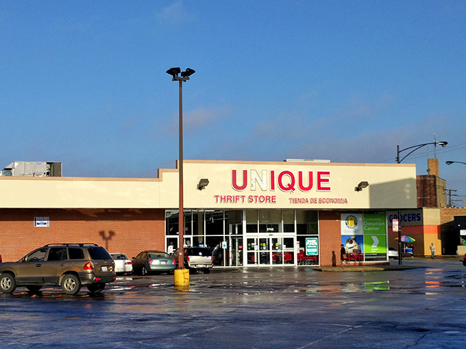 Unique Thrift Store's vibrant signage beckons to bargain hunters like a lighthouse to ships&mdash;promising safe harbor for your budget and treasures galore.